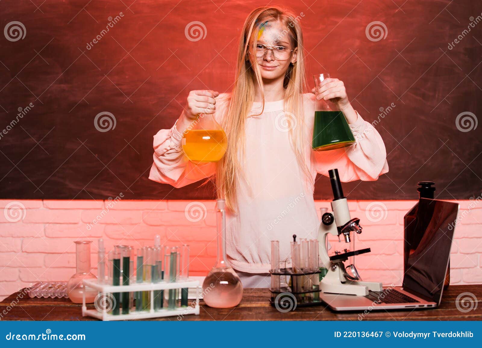 Science and School Education. Funny Girl Doing Experiments in the ...