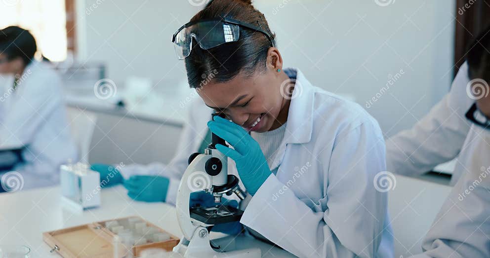 Science, Student and Study with Microscope in Laboratory for Sample ...