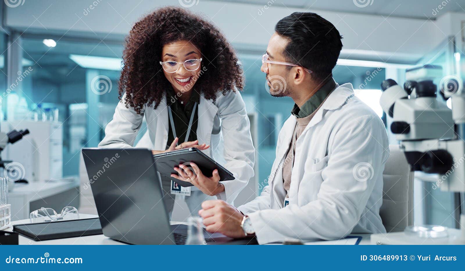 Science, Teamwork and Scientist with Tablet in Laboratory for ...