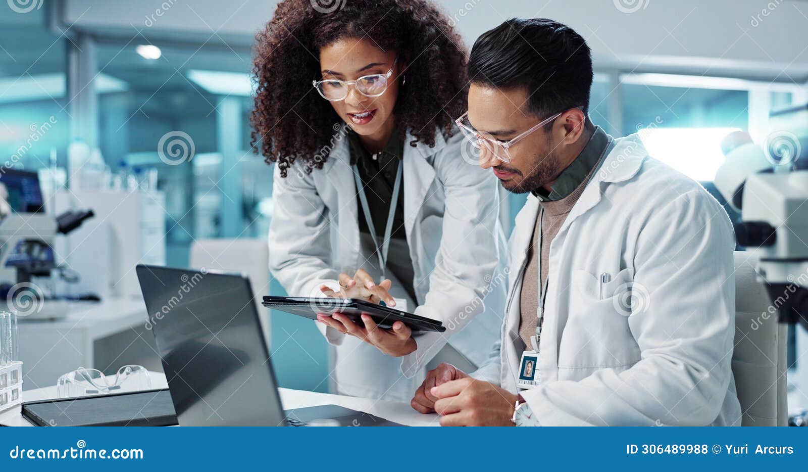 Science, Teamwork and Scientist with Tablet in Laboratory for ...