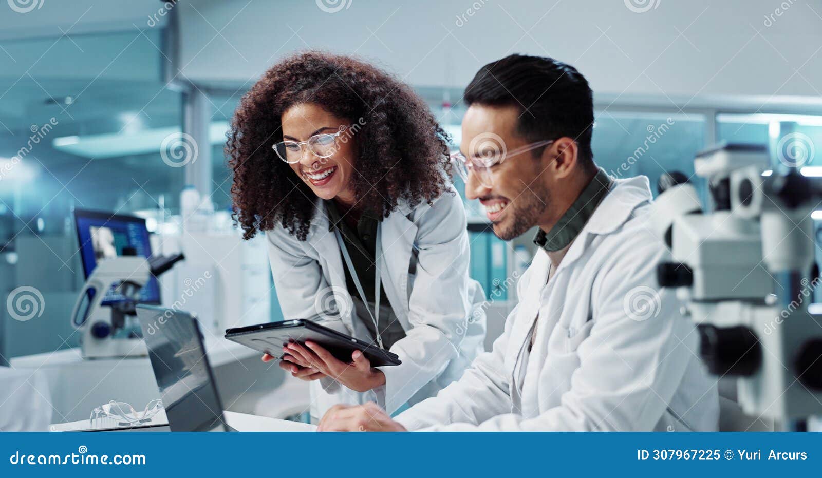 Science, Teamwork and Scientist with Tablet in Laboratory for ...