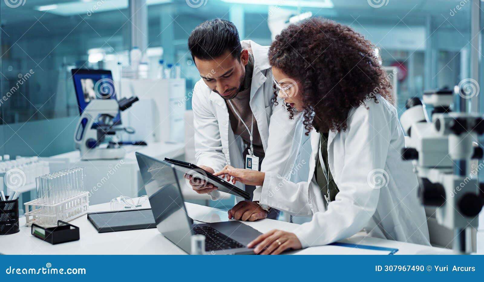 Science, Teamwork and Scientist with Tablet in Laboratory for ...