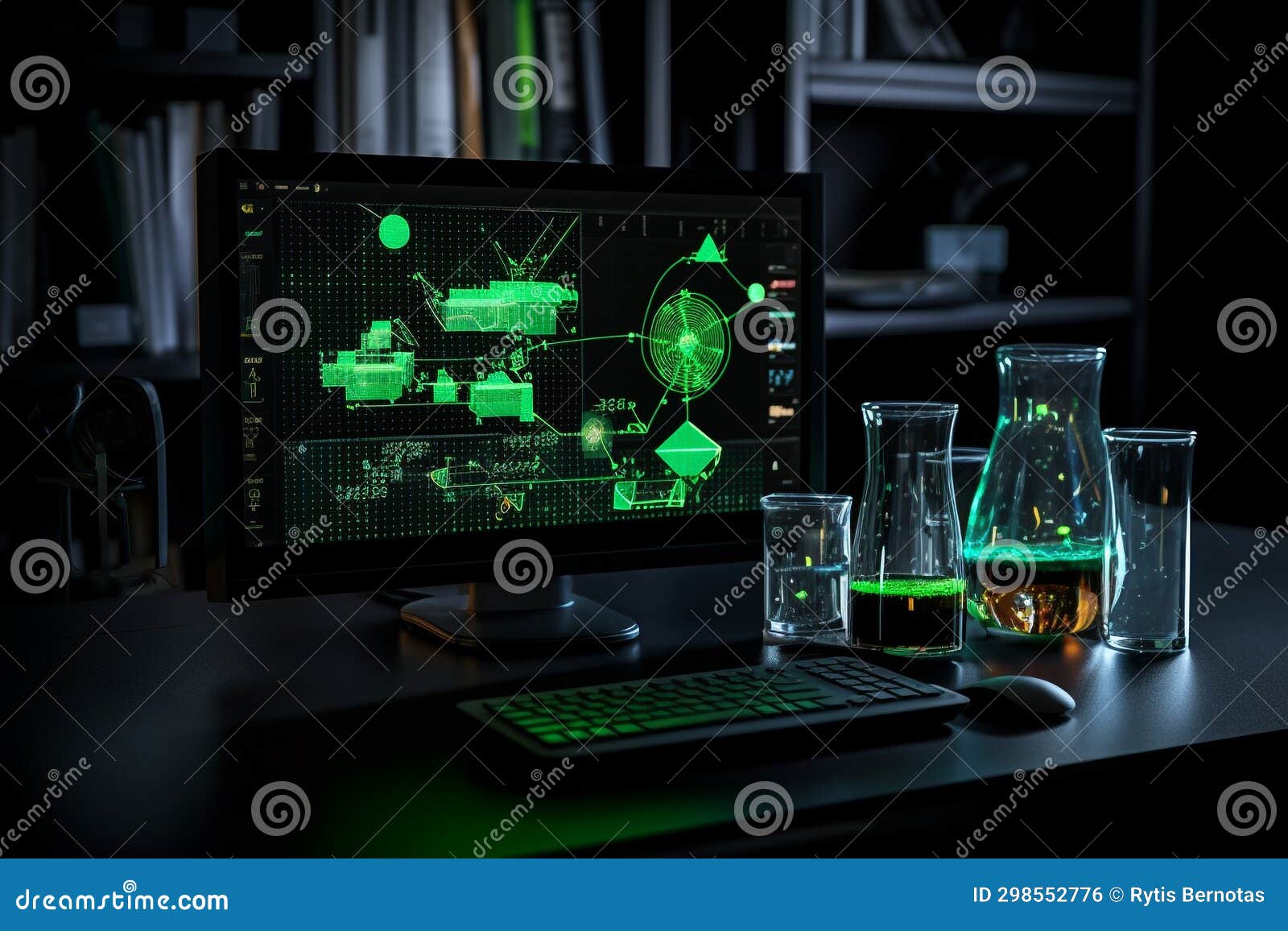 Dark Science Laboratory with Computer and Equipment Stock Illustration ...