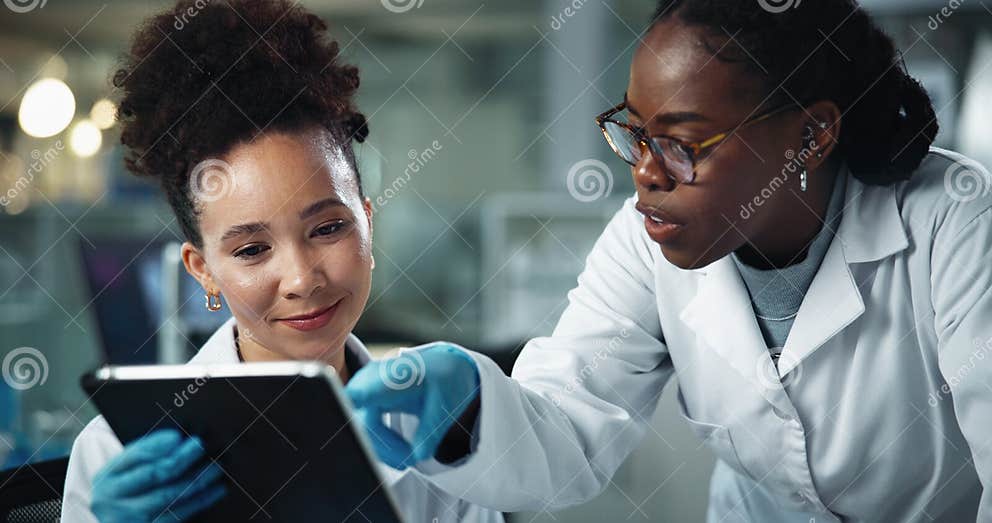 Science, Women and Tablet in Lab for Advice, Feedback and Pointing with ...