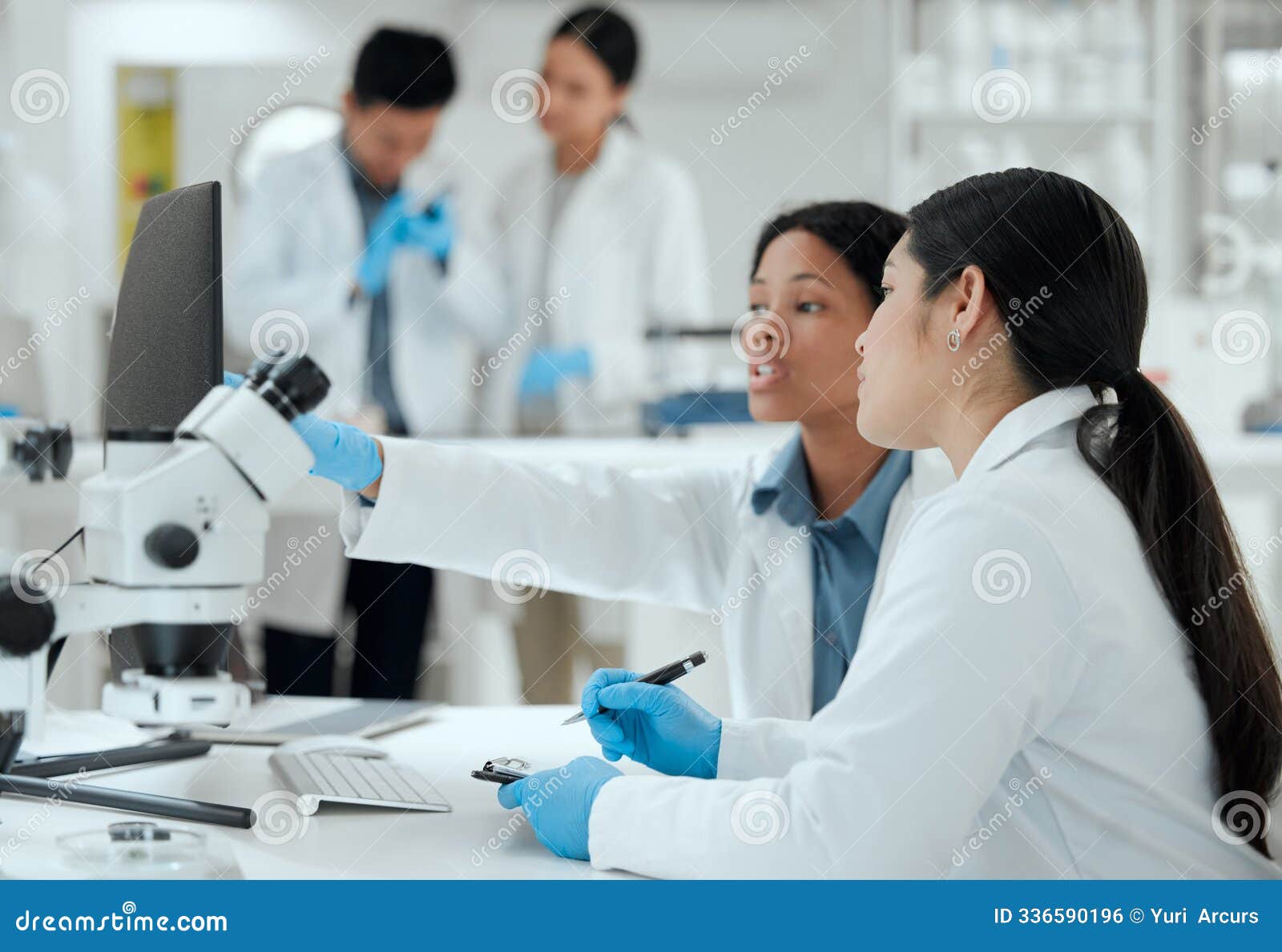Science, Women and Team with Microscope in Lab for Medical Experiment ...