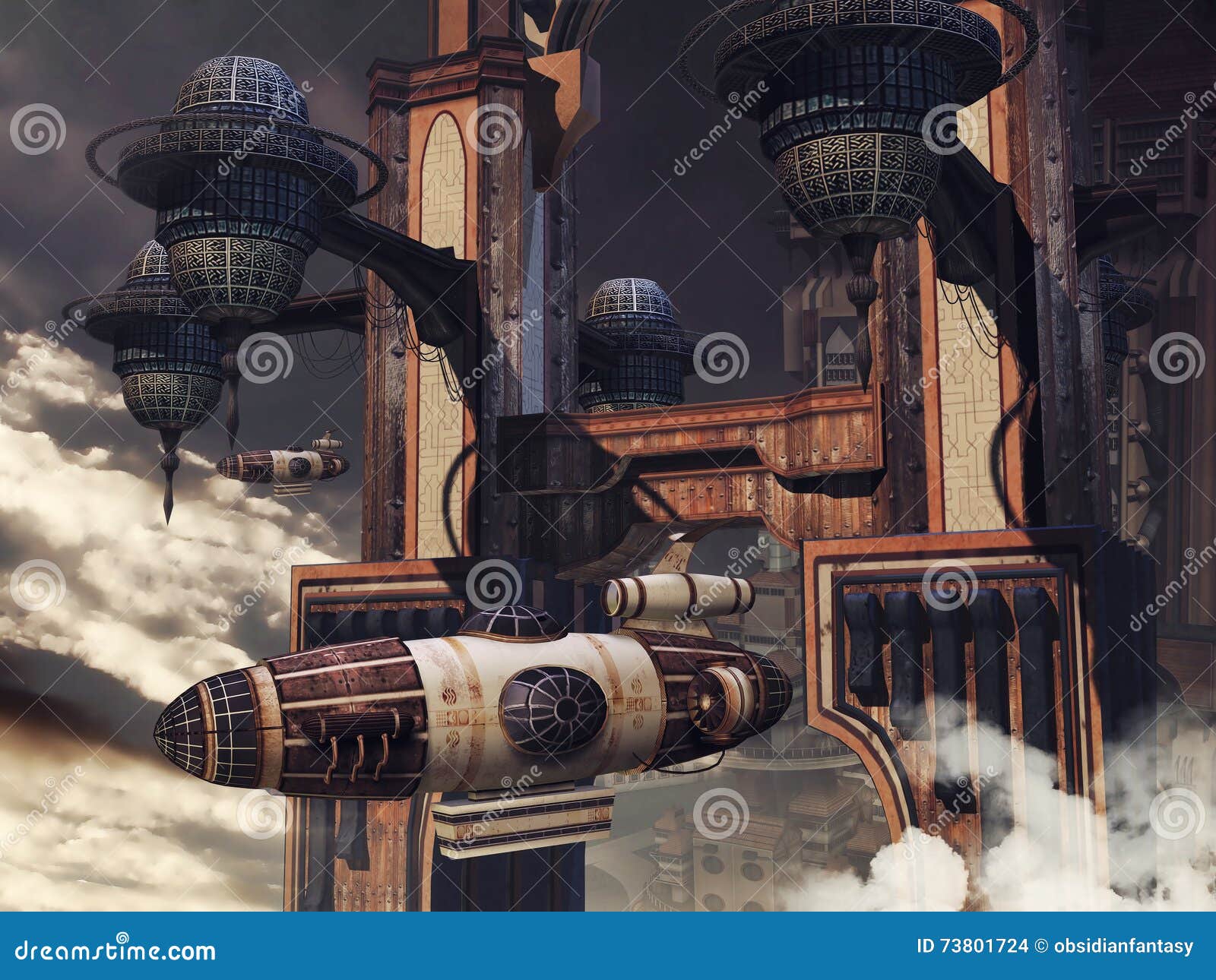 Sciencefictionserrichten Und -Zeppelin Stock Abbildung - Illustration ...