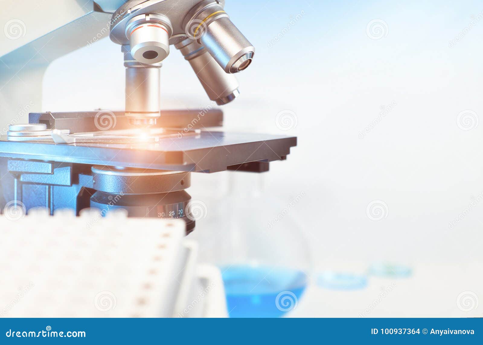 Scientific Background with Closeup on Light Microscope and Blurr Stock ...
