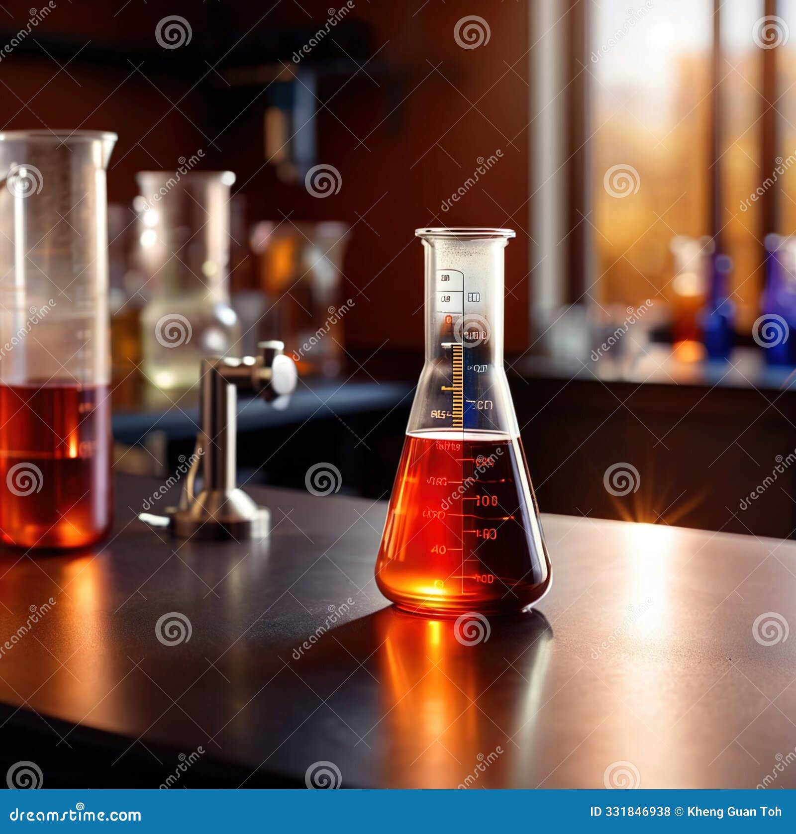 A Scientific Beaker In A Laboratory On A Table On A Blurred Background ...