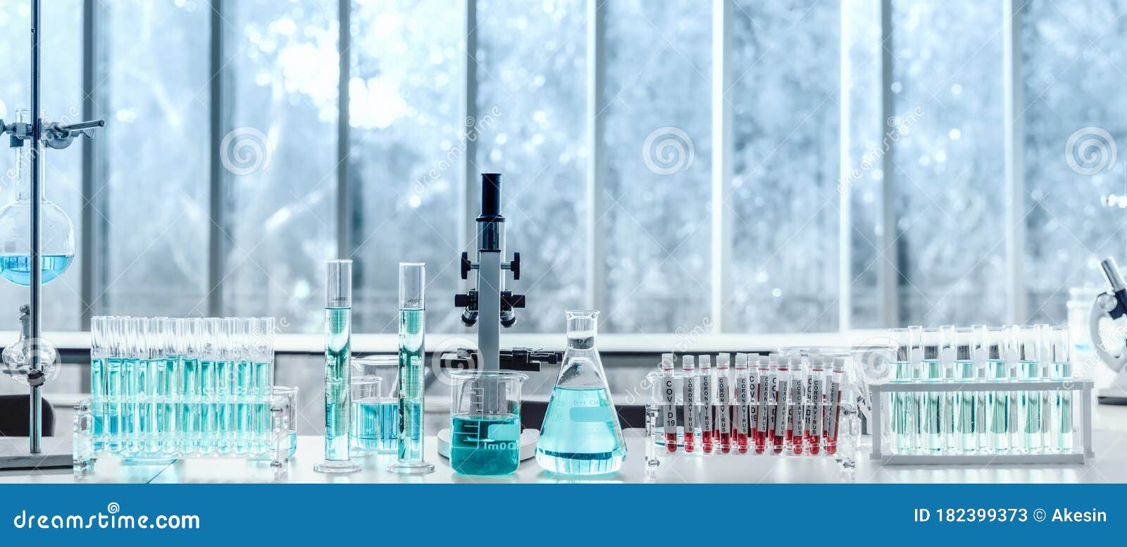 Chemistry Lab Background With Colorful Chemical Flasks, Beakers, Test ...