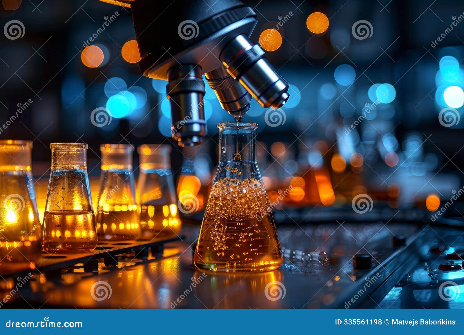 Scientific Equipment in a Chemical Lab Microscope and Flasks for ...