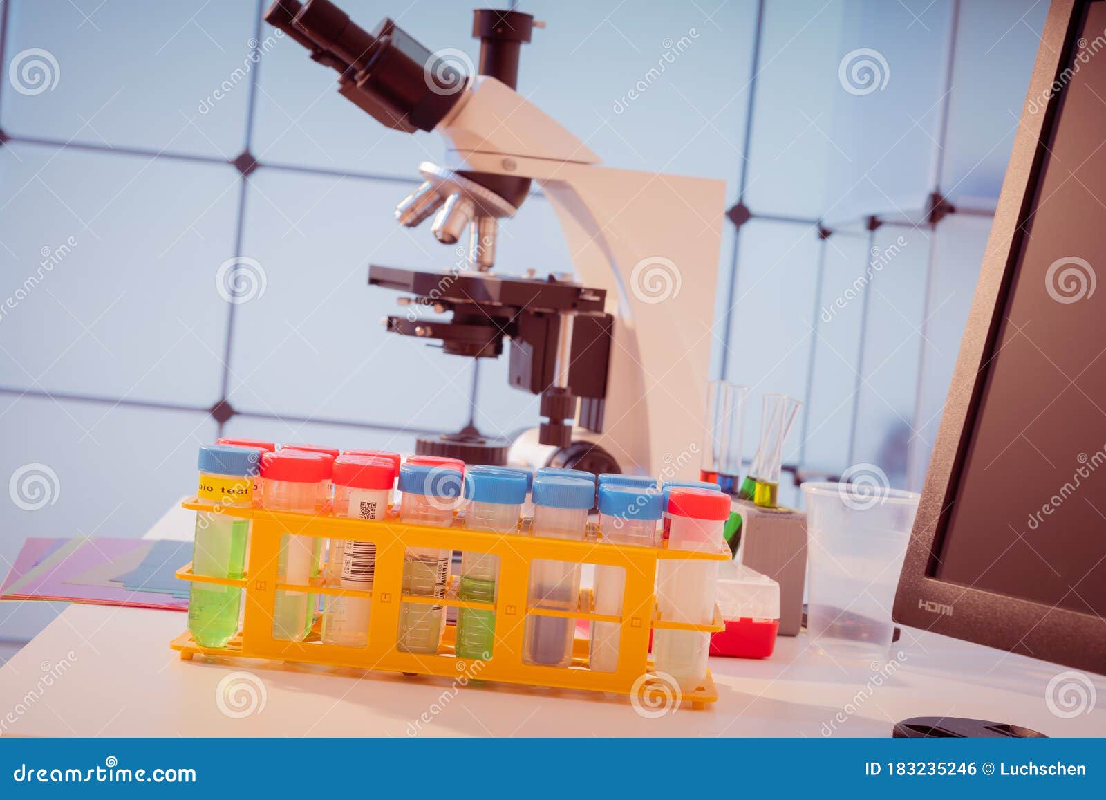 Scientific Experiment in Microbiological Lab. Microscope and Test Tube ...