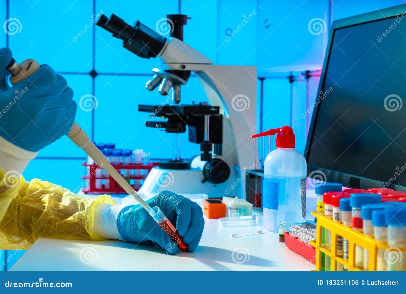 Scientific Experiment in Microbiological Lab. Microscope and Test Tube ...