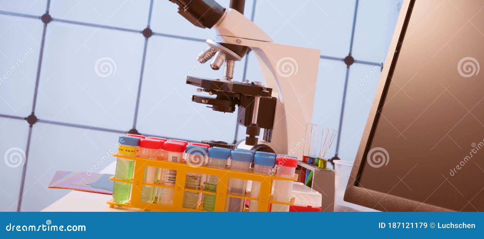 Scientific Experiment in Microbiological Lab. Microscope and Test Tube ...