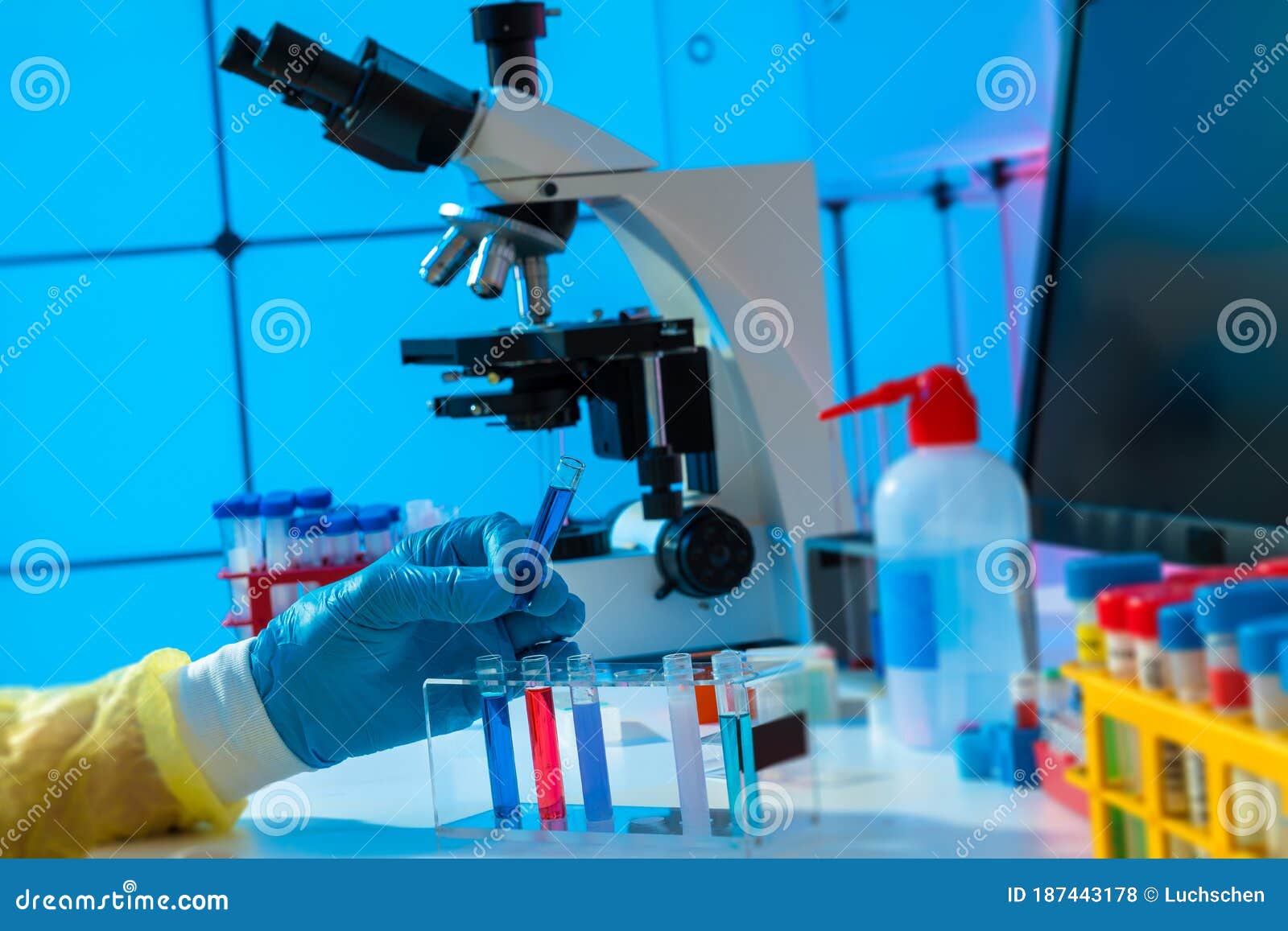 Scientific Experiment in Microbiological Lab. Microscope and Test Tube ...