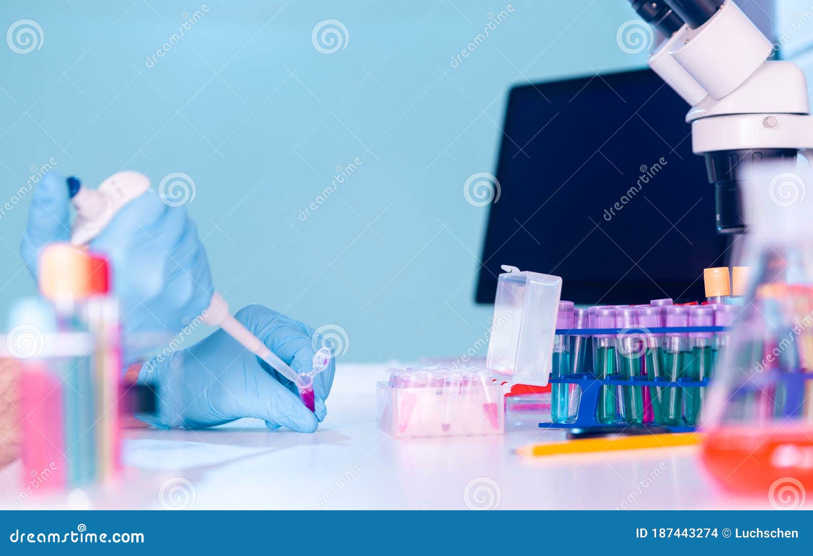 Scientific Experiment in Microbiological Lab. Microscope and Test Tube ...