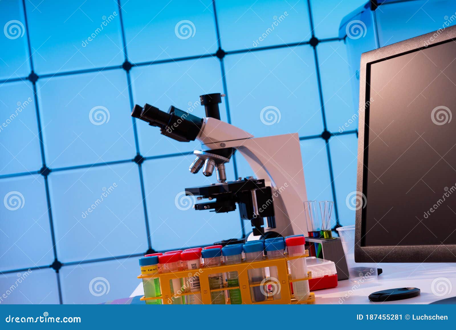 Scientific Experiment in Microbiological Lab. Microscope and Test Tube ...