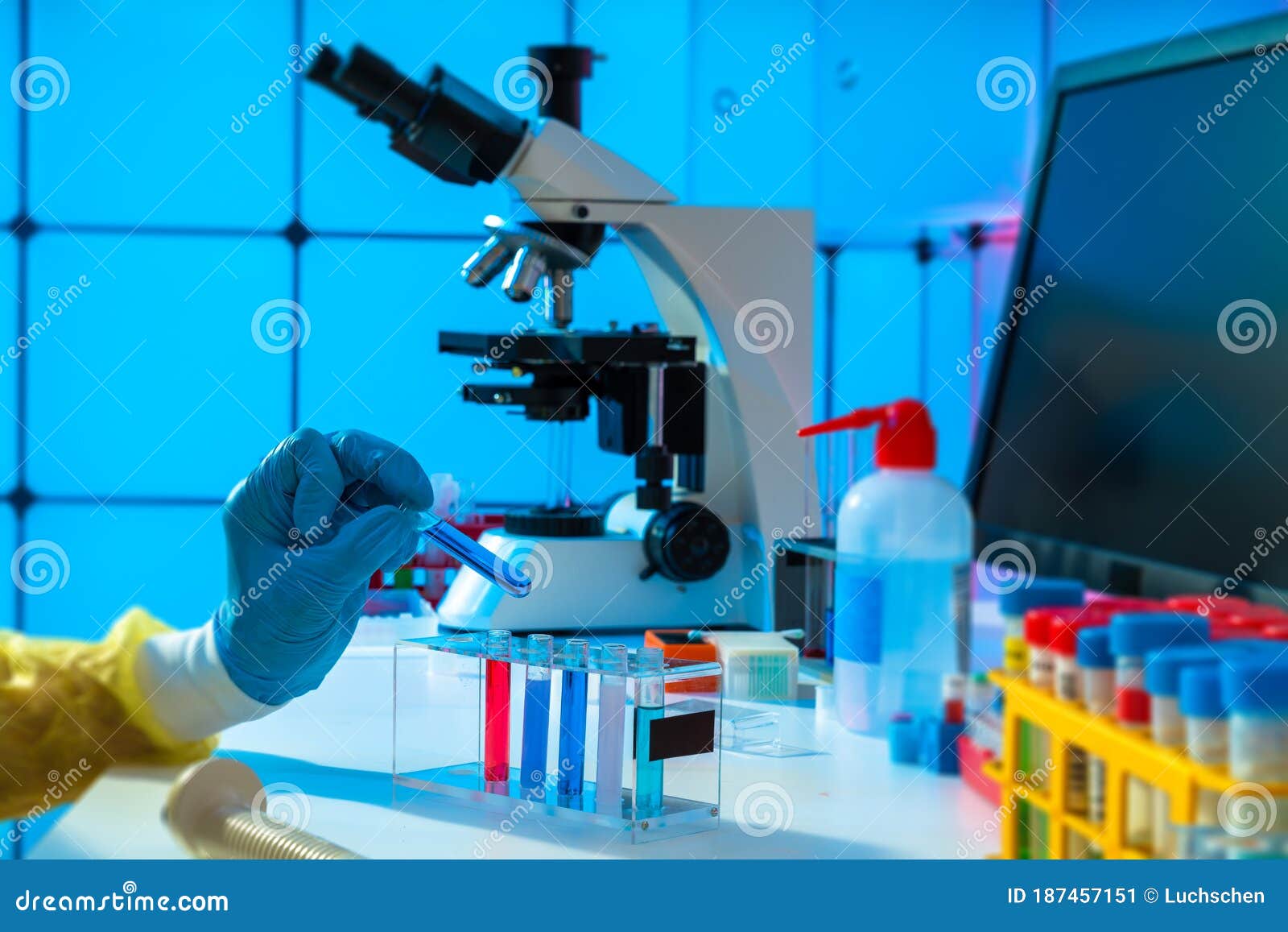Scientific Experiment in Microbiological Lab. Microscope and Test Tube ...