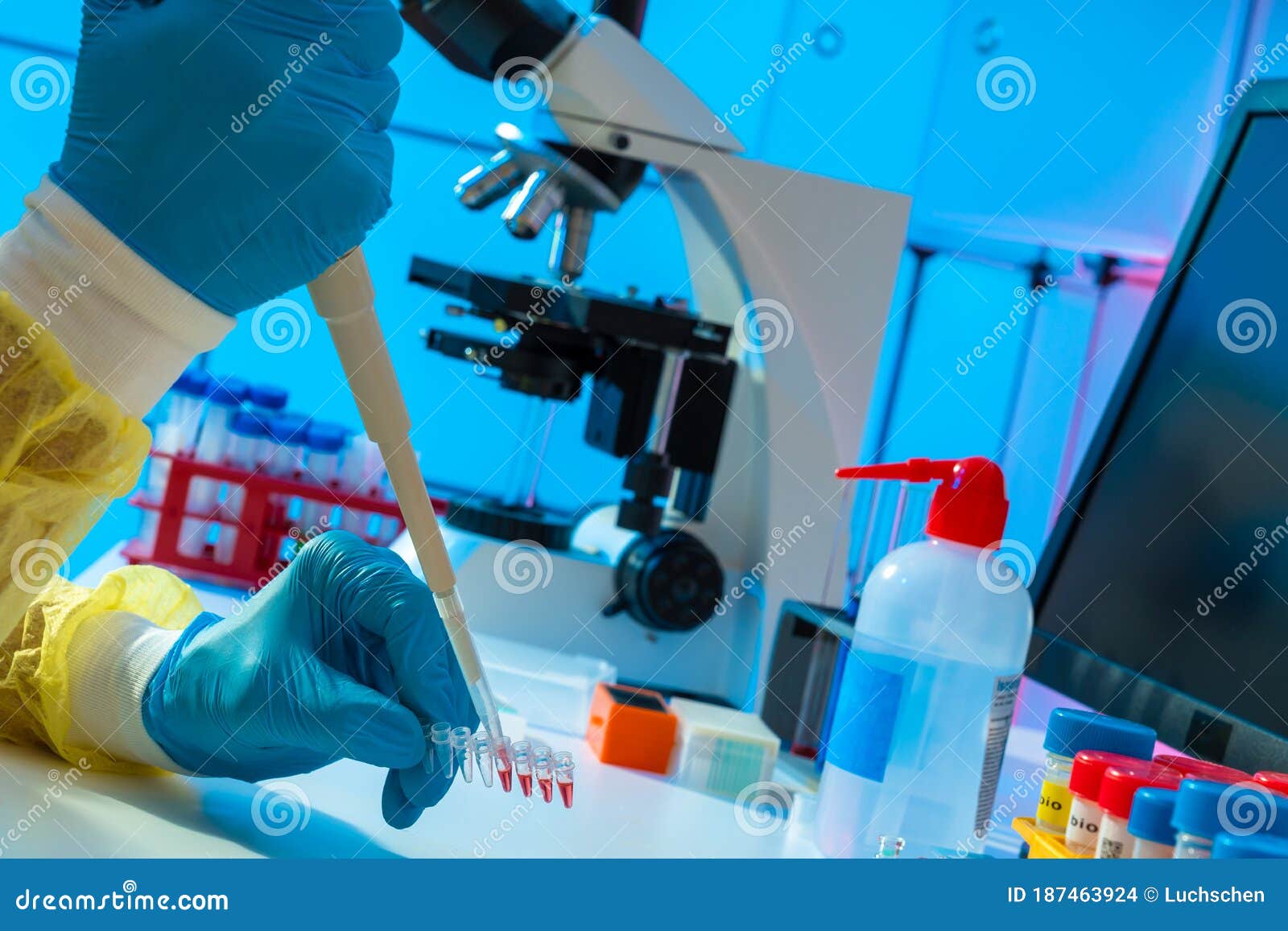 Scientific Experiment in Microbiological Lab. Microscope and Test Tube ...