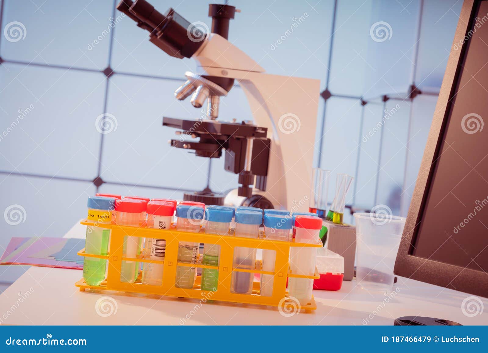 Scientific Experiment in Microbiological Lab. Microscope and Test Tube ...