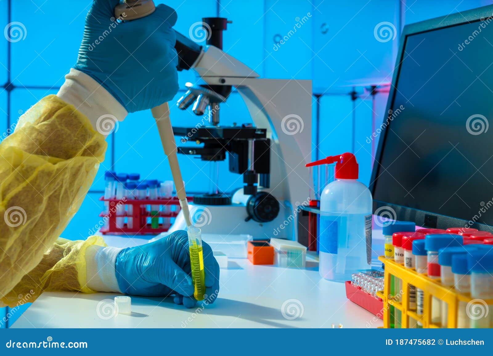 Scientific Experiment in Microbiological Lab. Microscope and Test Tube ...