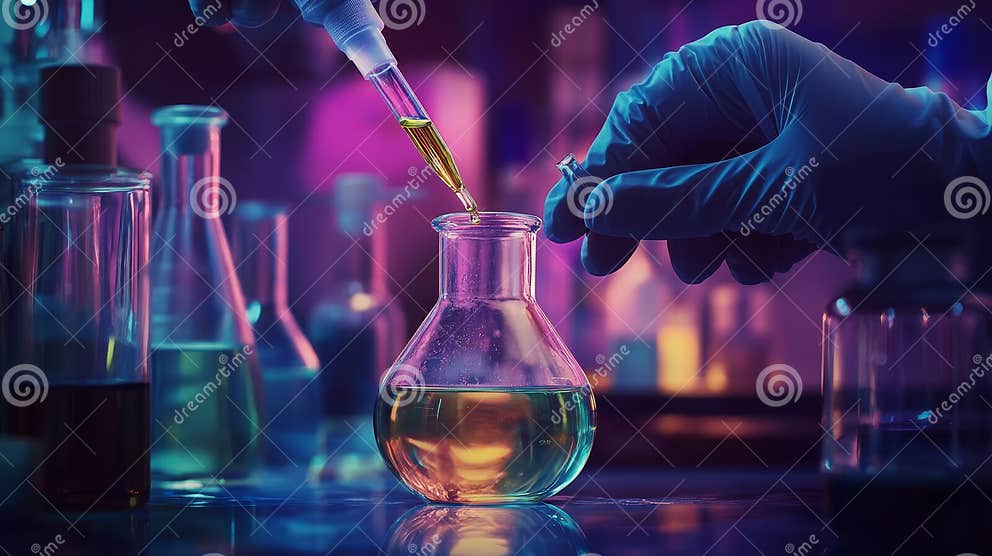 Scientific Experiment in Progress with Pipette and Glassware in a ...