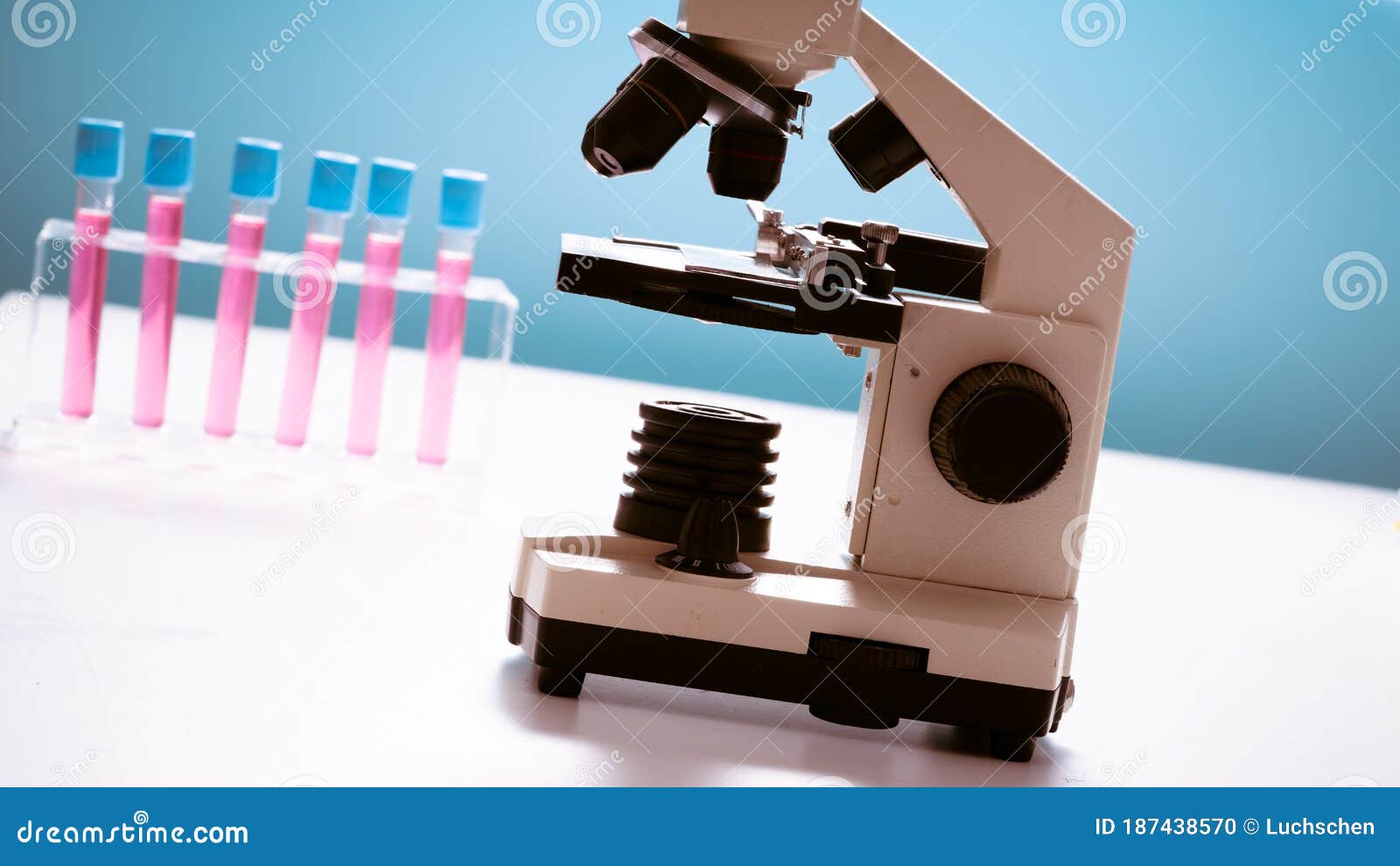 Scientific Experiment in School Class. Microscope and Test Tubes on the ...