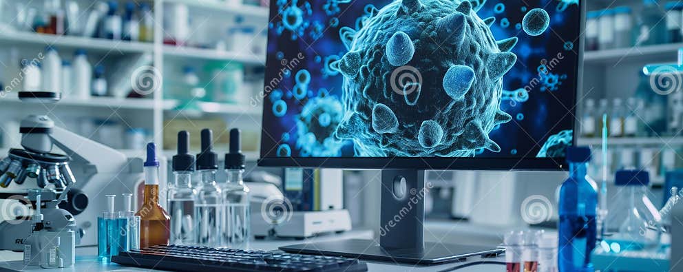 Scientific Laboratory with Computer Screen Displaying Virus Structure ...