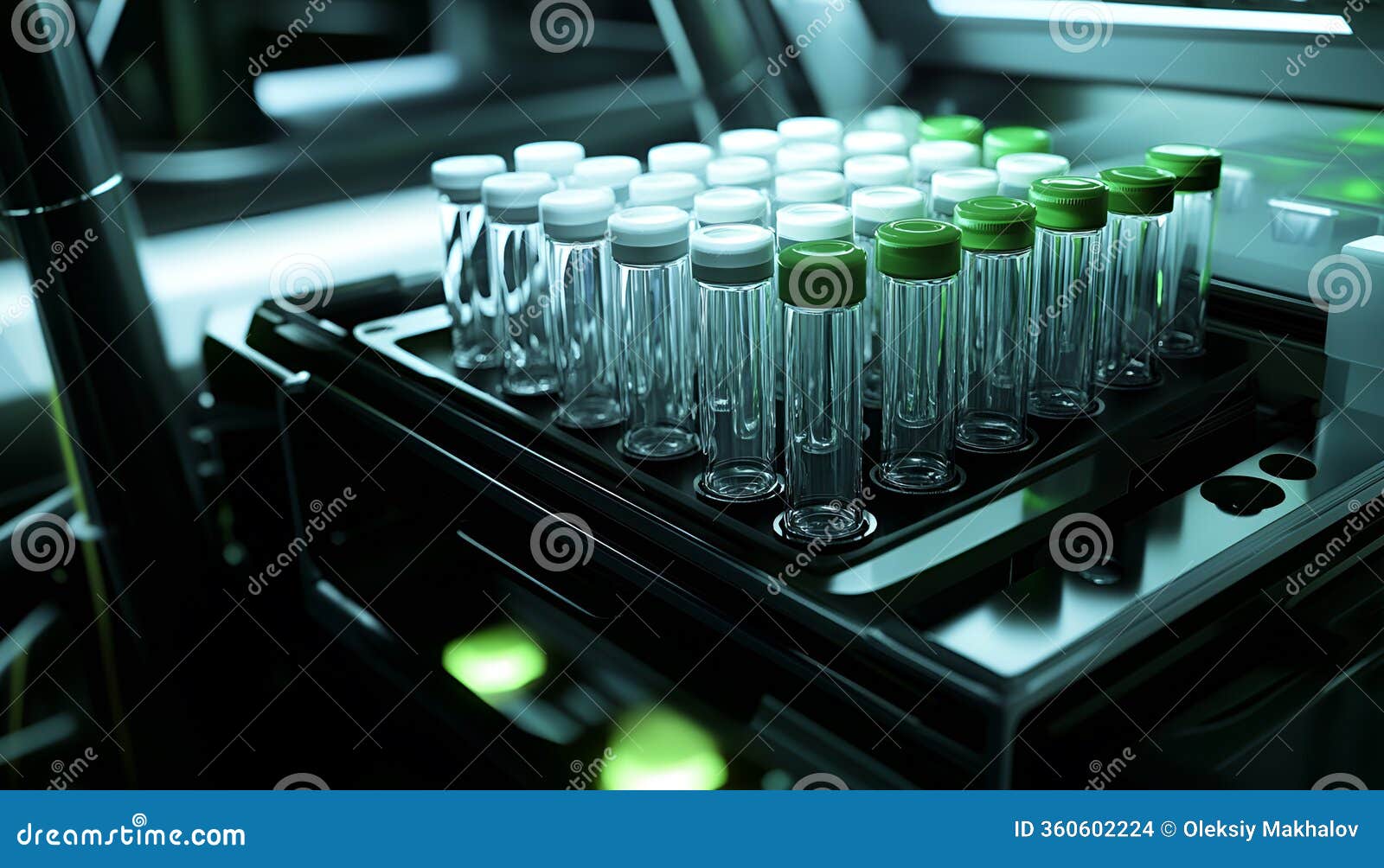 Scientific Laboratory Equipment with Rows of Glass Vials in Controlled ...