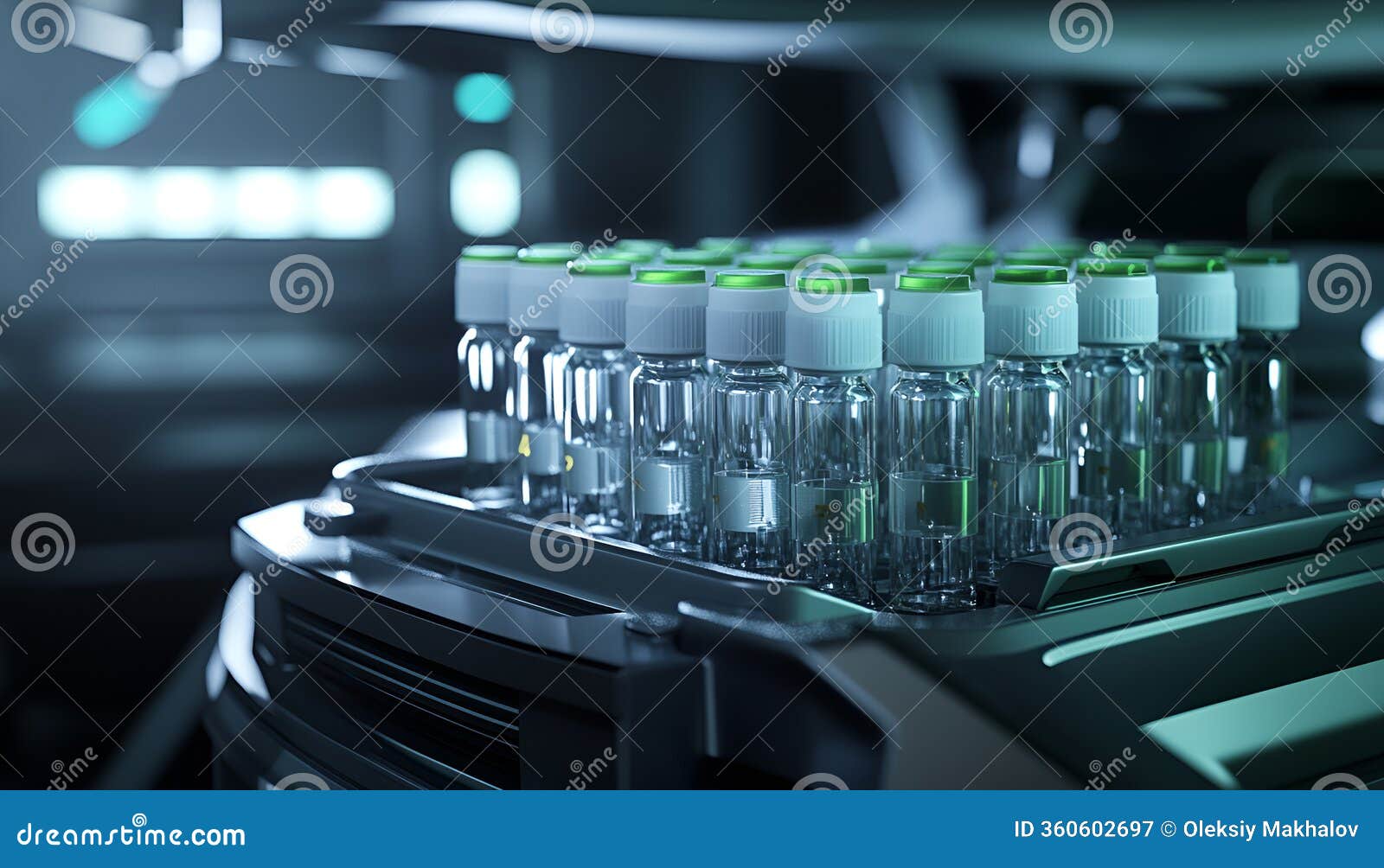 Scientific Laboratory Equipment with Rows of Glass Vials in Controlled ...