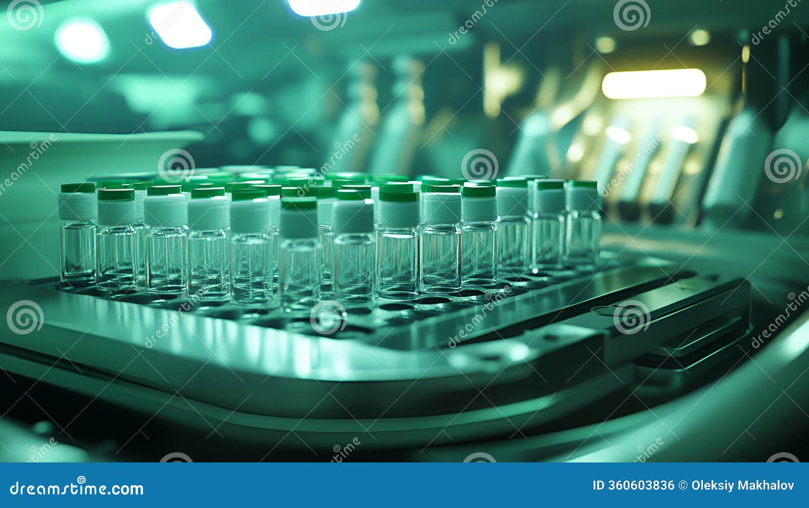 Scientific Laboratory Equipment with Rows of Glass Vials in Controlled ...