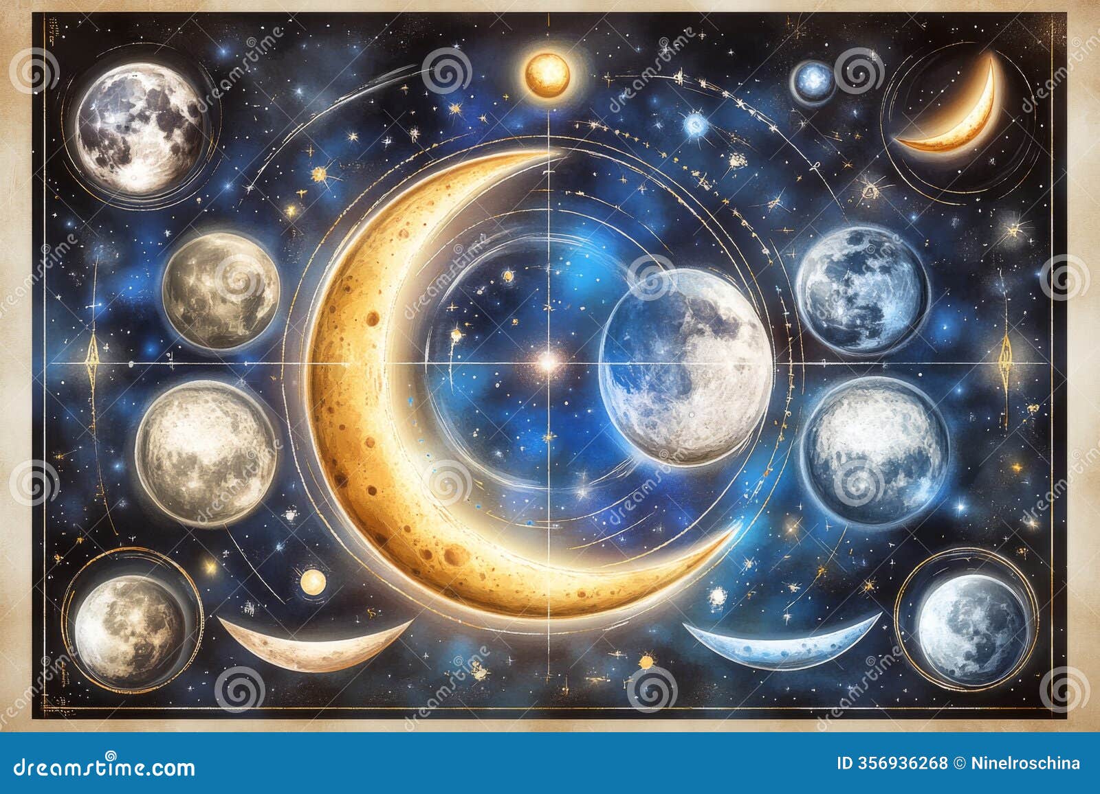 Scientific Map of Celestial Bodies Illustrating Phases of the Moon and ...