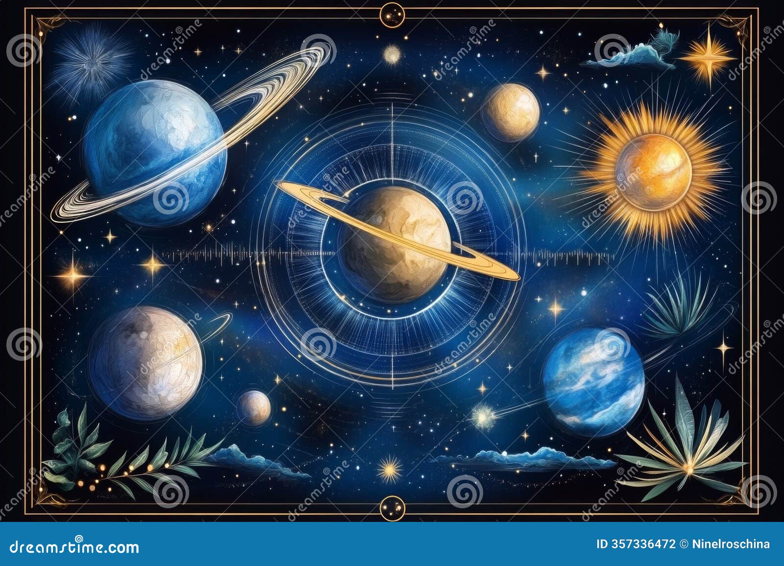 Vintage Style Map Illustrating the Solar System with Planets, Stars ...