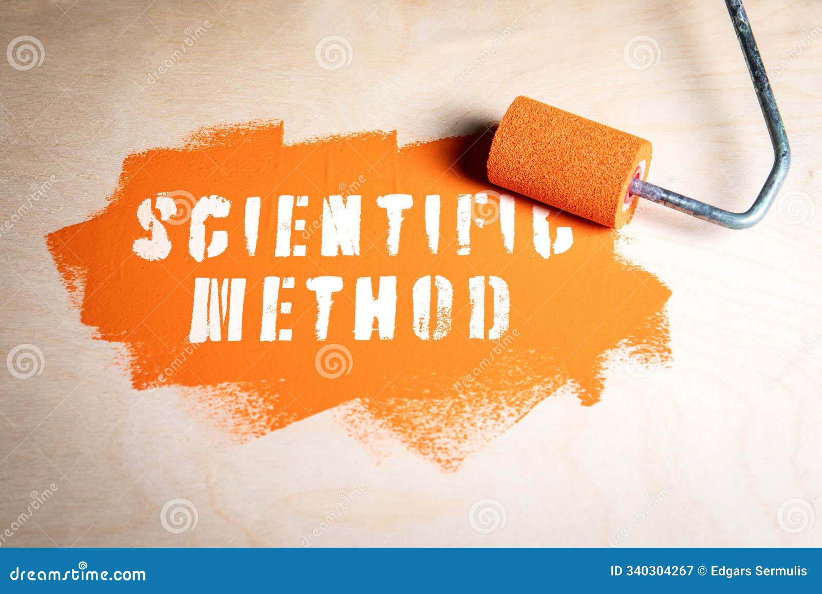 Scientific Method. Orange Paint and Paint Roller on Wood Texture ...