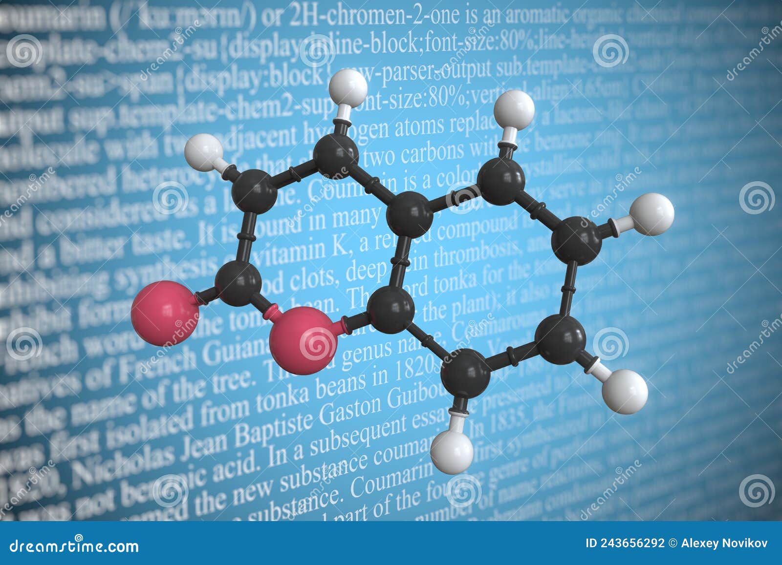Coumarin Scientific Molecular Model, 3D Rendering Stock Illustration ...