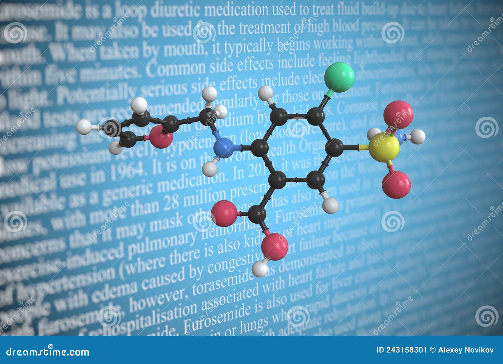 Furosemide Scientific Molecular Model, 3D Rendering Stock Illustration ...