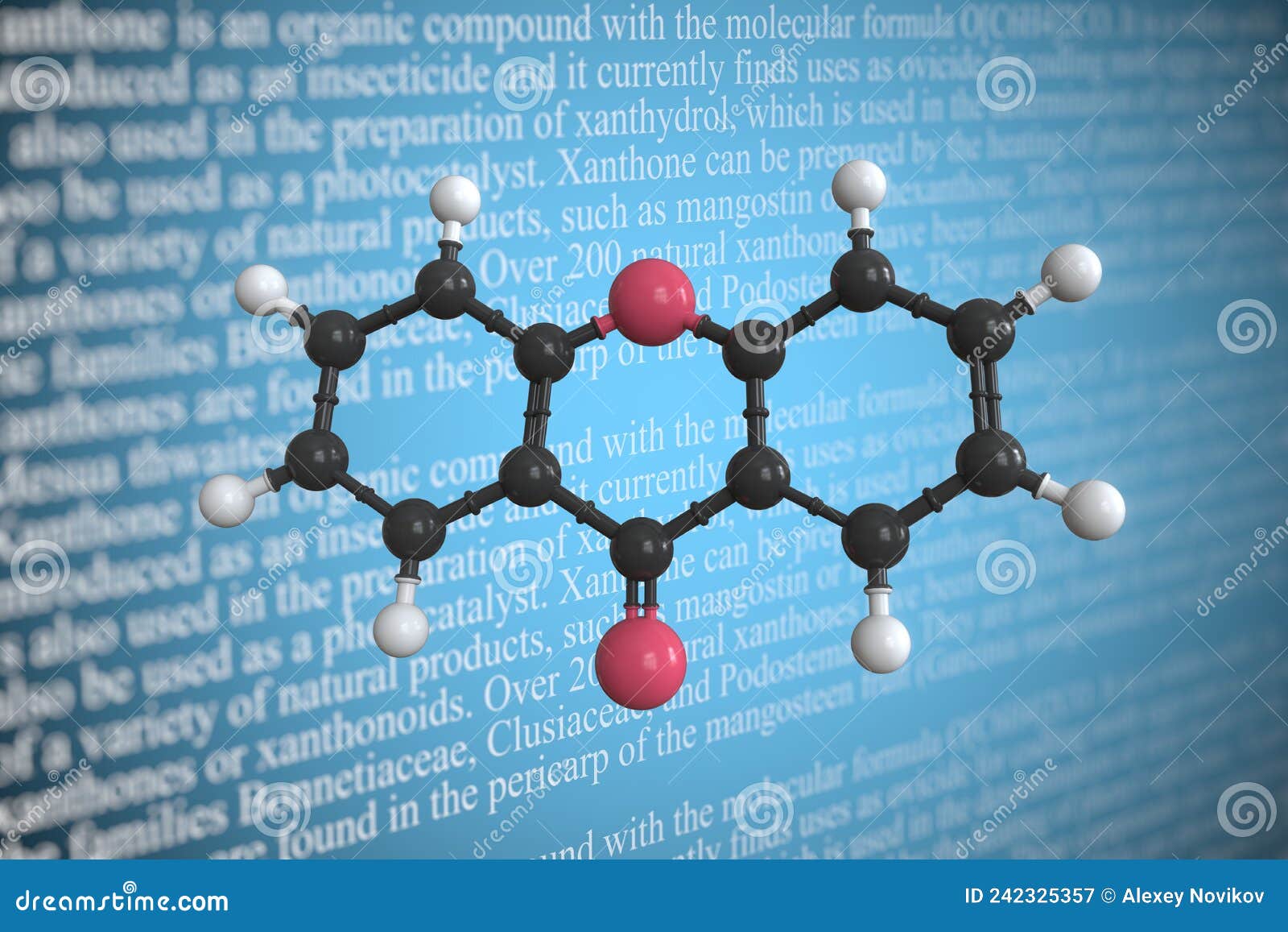 Xanthone Scientific Molecular Model, 3D Rendering Stock Illustration ...