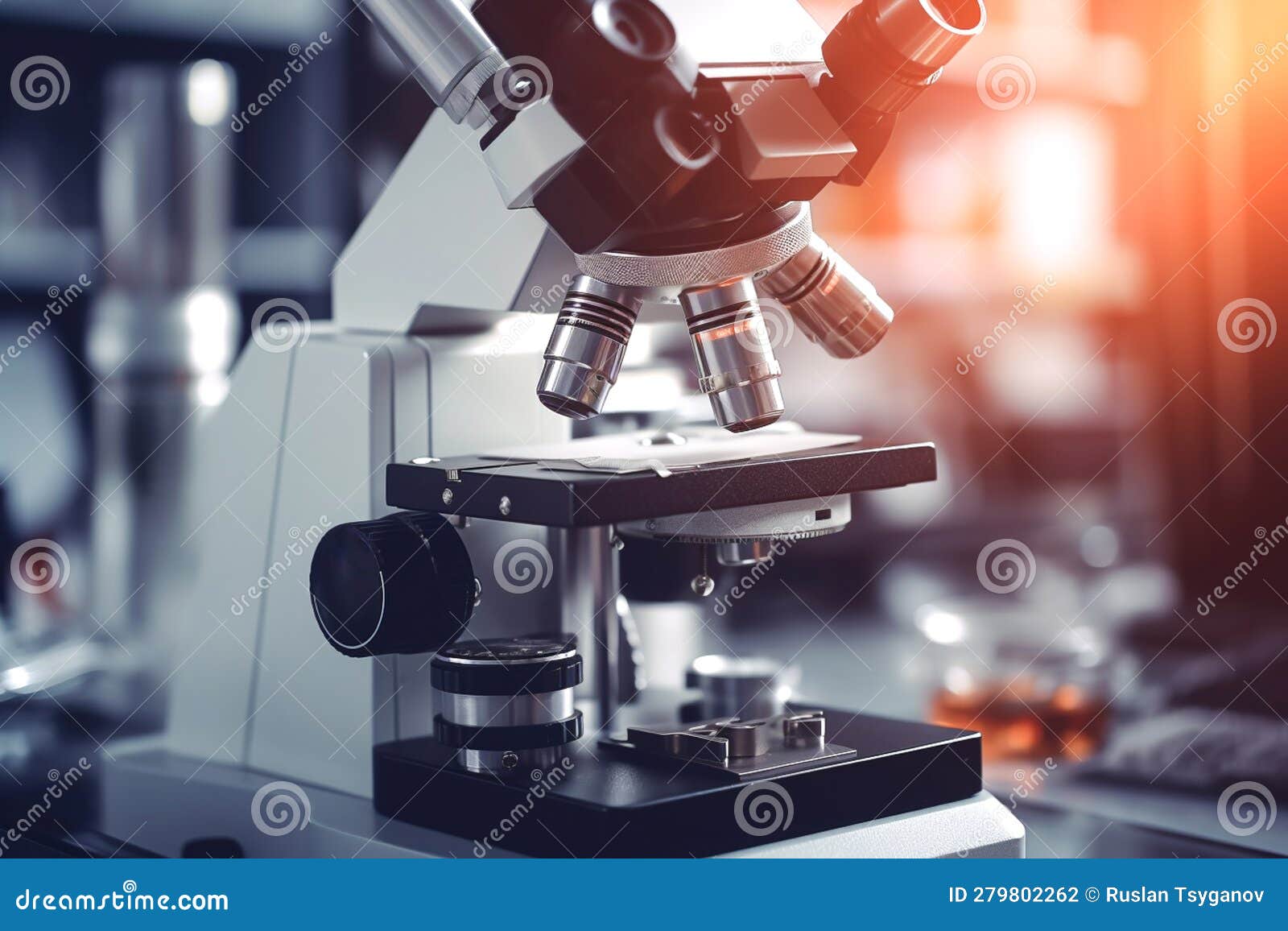 Scientific Optical Microscope with Metal Lens at Laboratory. Laboratory ...