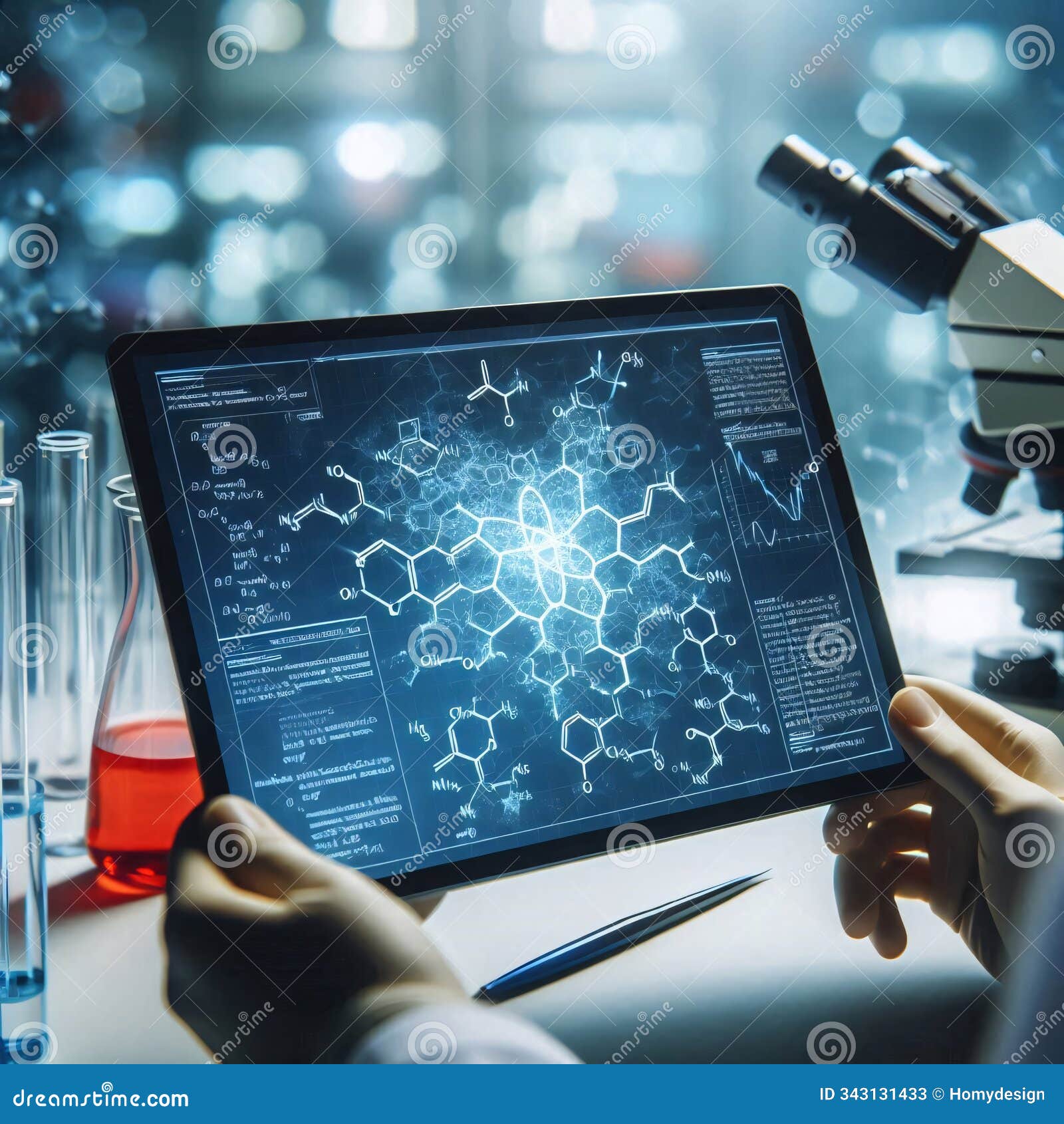 Scientific Research in a Laboratory, Examining Molecular Structures and Data Visualizations ...