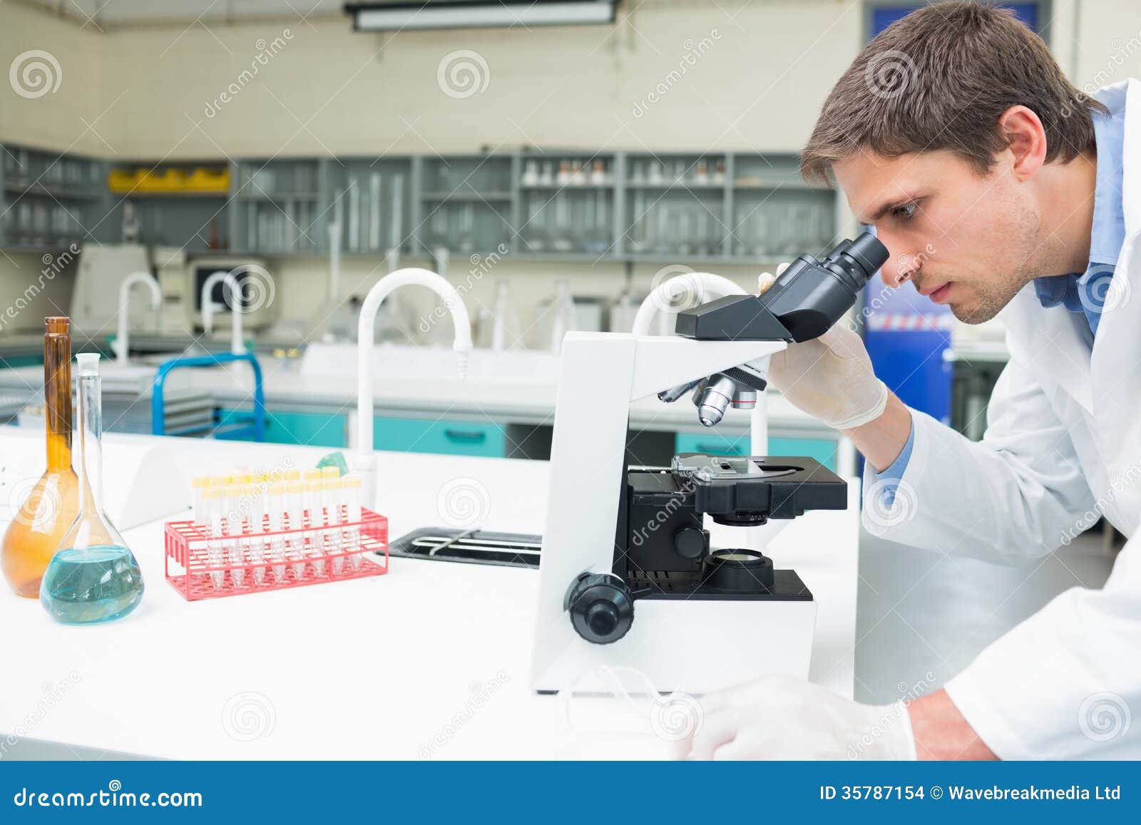 Scientific Researcher Using Microscope in the Laboratory Stock Photo ...