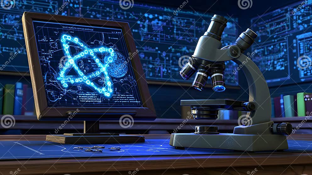 Scientific Tools: Microscope and Holographic Visuals Stock Photo ...