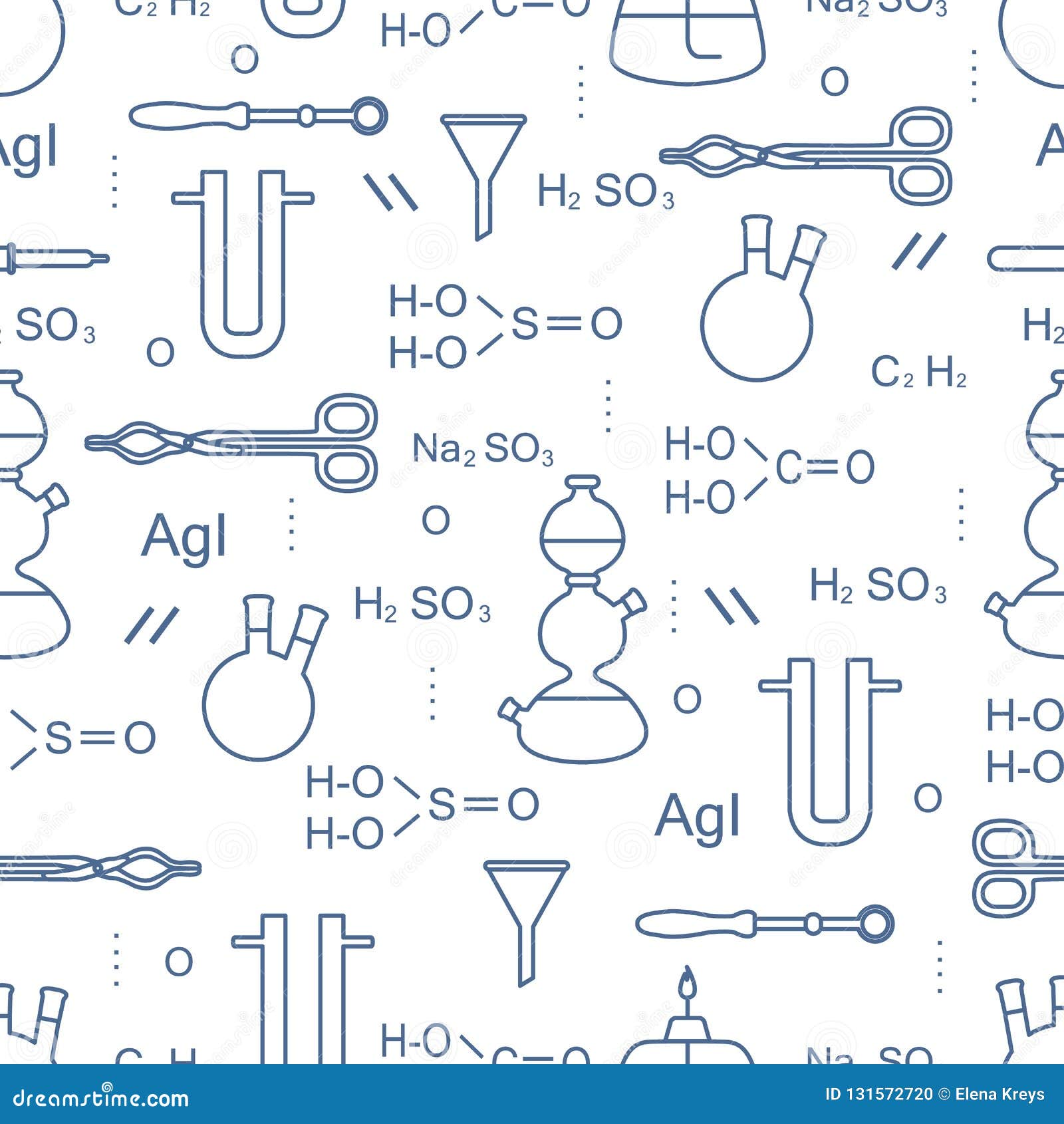 Scientific Vector Seamless Pattern with Flasks, Burners, Funnels, Tools ...