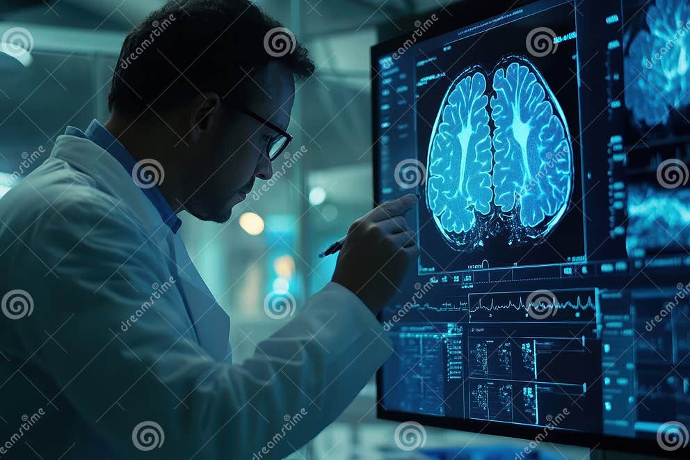 A Scientist Analyzes Brain Scans on a Computer Screen in a Laboratory ...