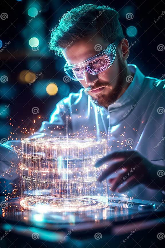 The Scientist Analyzes Data with Glowing Holograms in a Vibrant, High ...