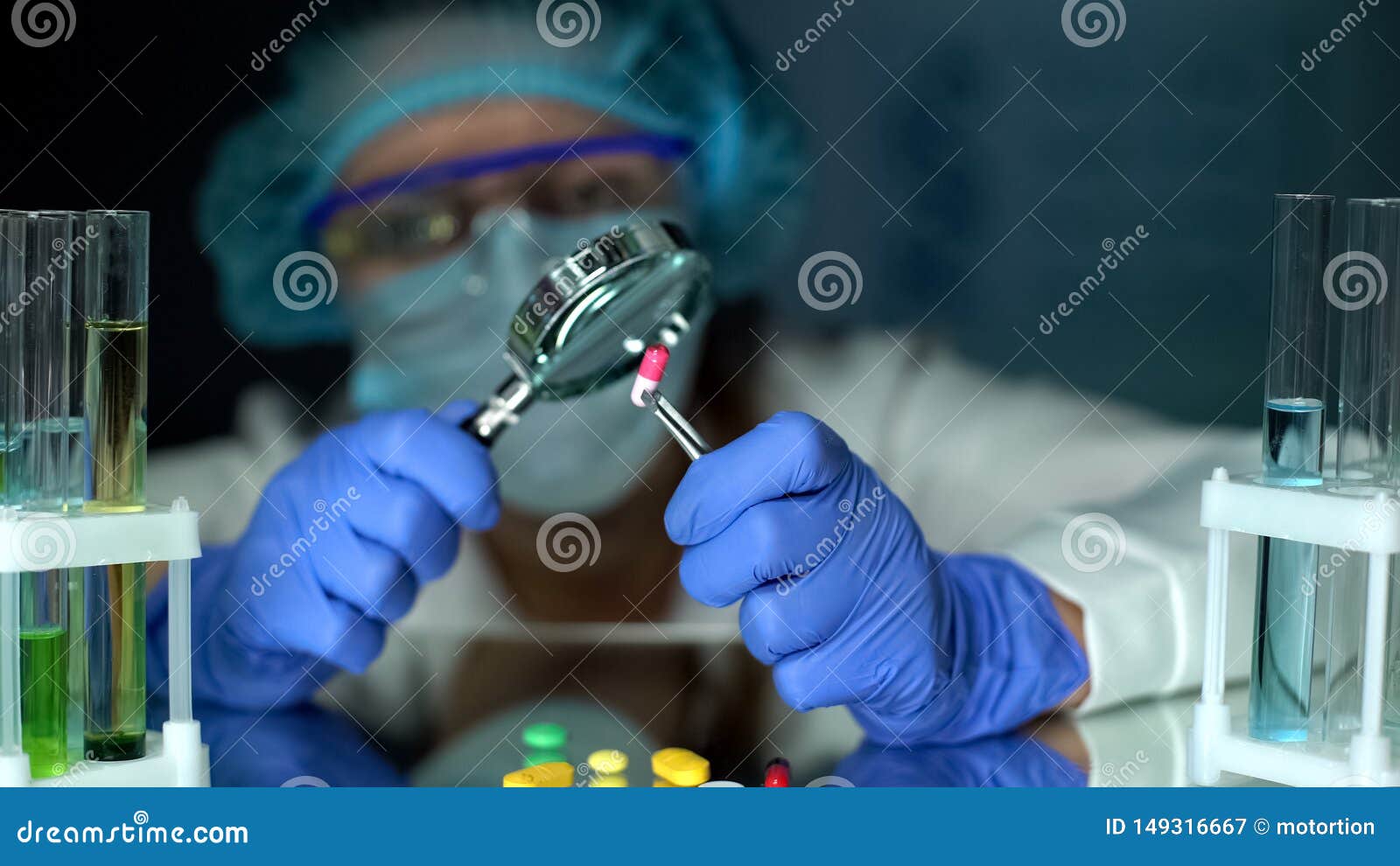 Scientist Analyzing Capsule with Magnifying Glass Dietary Supplement ...
