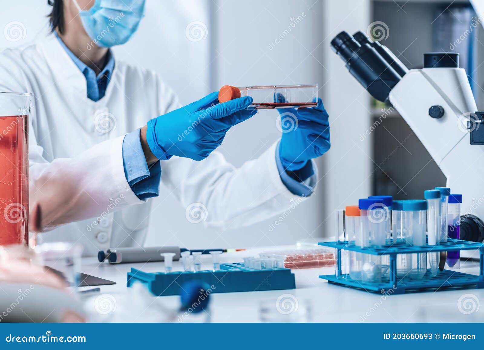 Scientist Analyzing Cultured Artificial Meat Sample Under the ...