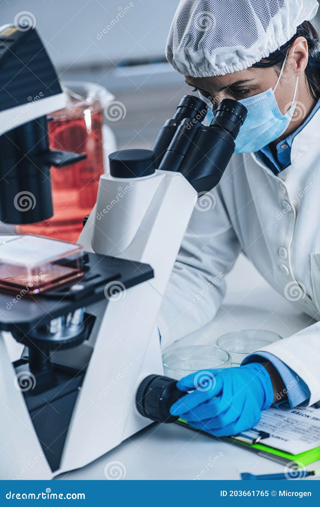 Scientist Analyzing Cultured Artificial Meat Sample Under the ...