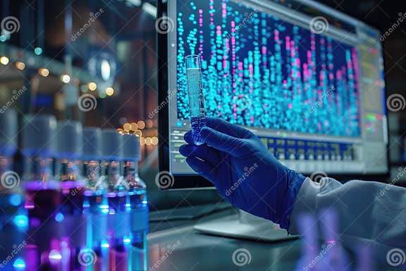 Scientist Analyzing DNA Sequences on Computer in Lab. High-tech ...
