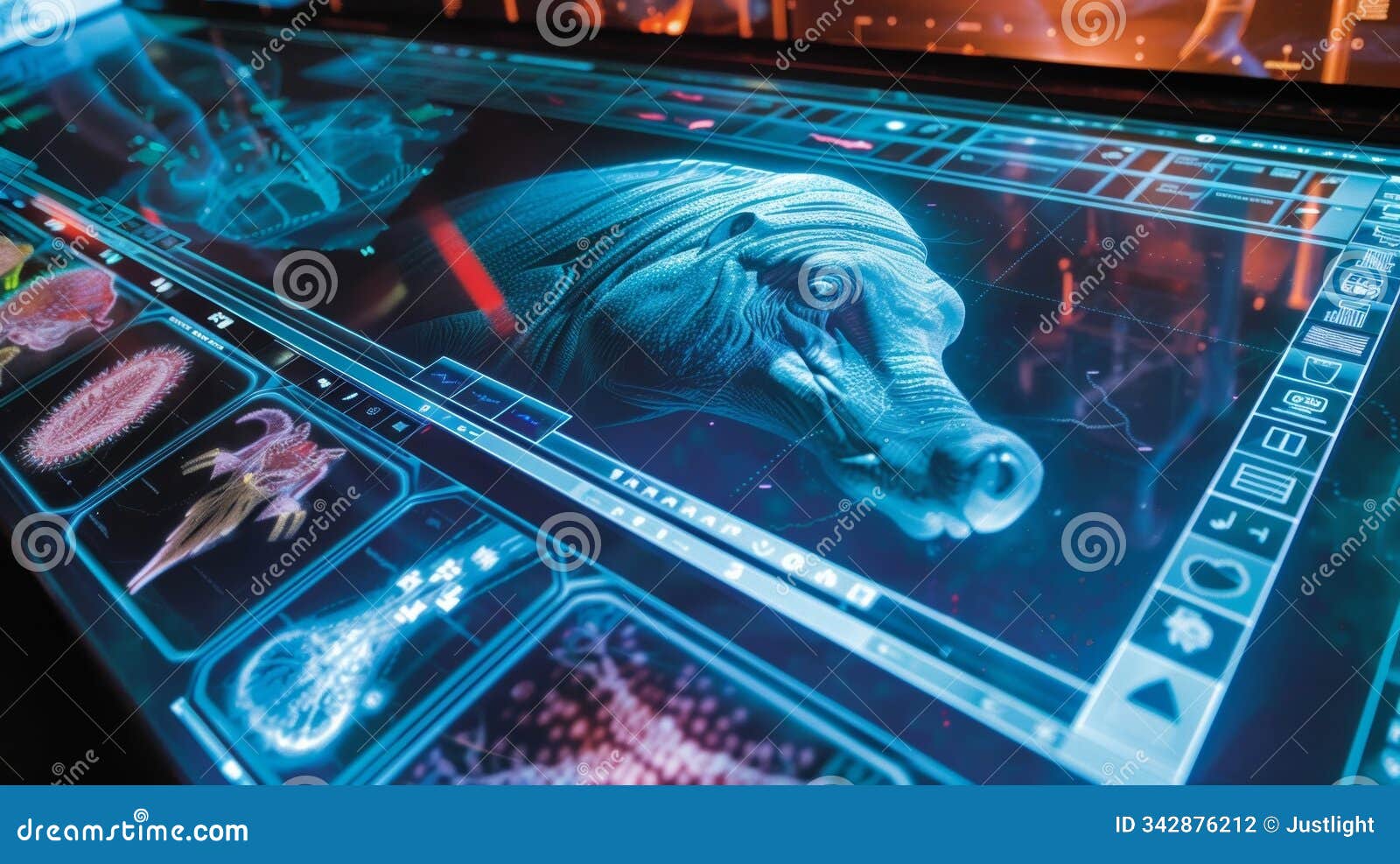 Scientist Analyzing Extinct Animal Data on Futuristic Computer ...