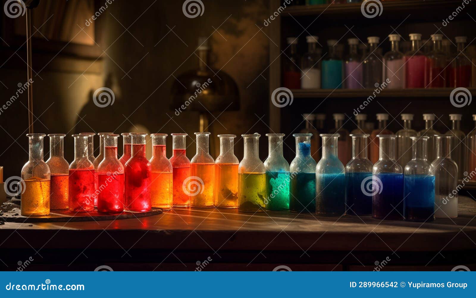 Scientist Analyzing Liquid in Multi Colored Laboratory Glassware ...