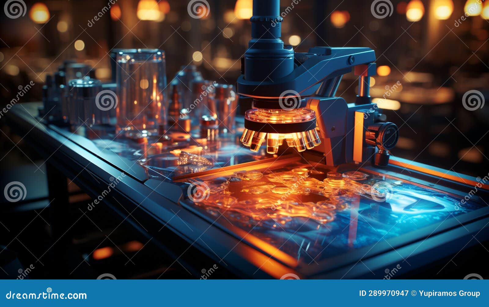 Scientist Analyzing Liquid Under Microscope in Illuminated Laboratory ...